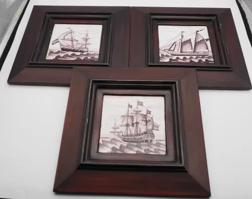 Set of 3 18th Century Delft Ship Tiles